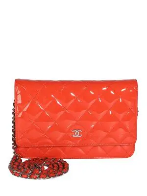 Chanel Quilted Patent Leather Wallet On Chain - Orange