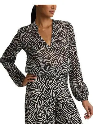 St. John Printed V Neck Tunic Top - Black/linen