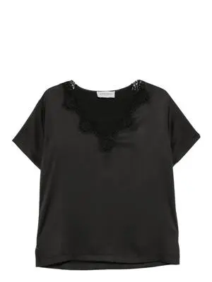 ERMANNO FIRENZE V-neck Lace-trim Top - Black