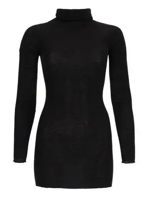 Rick Owens Ribbed Turtleneck Wool Mini Dress - Black
