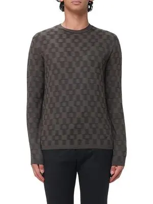 Emporio Armani Jacquard Crewneck Jumper In Pure Virgin Wool - Brown