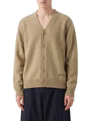 A.p.c. V-neck Pure Wool Cardigan With Contrast Logo - Beige