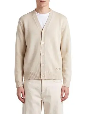 A.p.c. Pure Wool V-neck Cardigan With Contrast Logo - Ecru