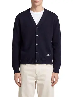 A.p.c. Pure Wool V-neck Cardigan With Contrast Logo - Navy