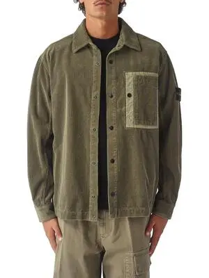 Stone Island Velvet Shirt Jacket With Compass Logo - Military