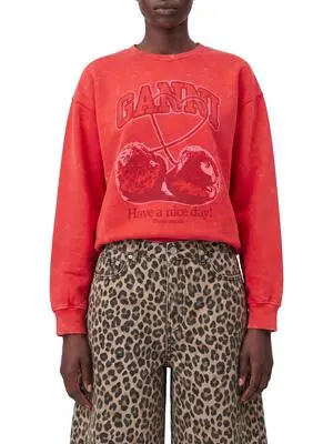 GANNI Cotton Crewneck Sweatshirt With Front Logo And Fruit Print Red