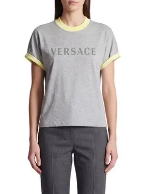 Versace Cotton T-shirt With Printed Logo And Contrast Trims Grey
