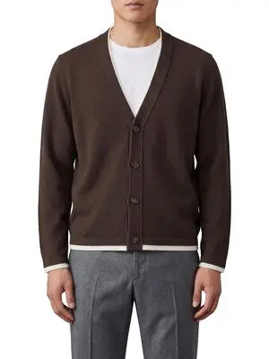 Eleventy V-neck Wool And Cashmere Blend Cardigan With Contrast Trims - Brown