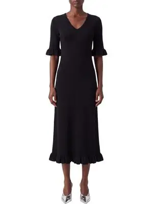 JIL SANDER Knit Midi Dress In Cotton Blend With V-neck And Ruffles - Black