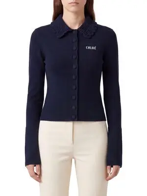 Chloé Chloé Slim Fit Wool Polo Cardigan With Contrasting Logo Blue