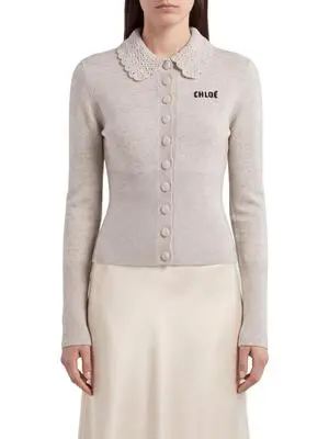Chloé Chloé Slim Fit Wool Polo Cardigan With Contrasting Logo Grey