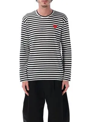 Play Comme Des Garcon Striped Long Sleeve T-shirt With Heart Logo - Nero