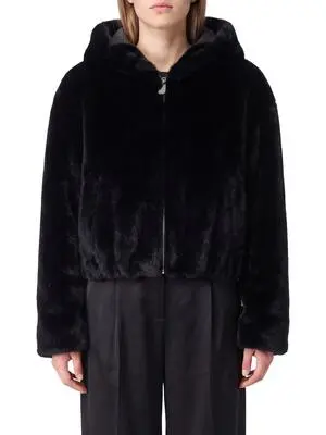 Pinko Short Faux Fur Hooded Jacket With Dropped Shoulders - Black