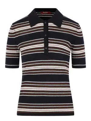 Max Mara Max Mara Studio Striped Silk-Wool Knit Polo With Ribbed Collar Blu