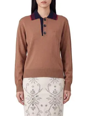 N° 21 Long-sleeved Pure Wool Polo With Contrast Tipping Brown