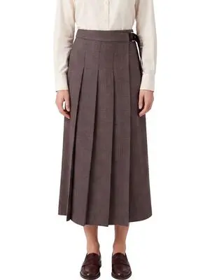 PAROSH Pleated Plaid Midi Skirt With Belt Detail - Brown