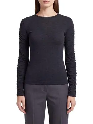 Pinko Slim Fit Cotton And Wool Blend Jumper With Ruched Sleeves - Grey