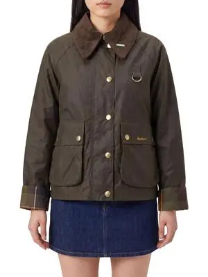 Barbour Modern Spey Cropped Waxed Cotton Jacket With Velvet Collar - Forest Green