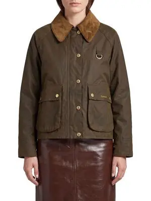 Barbour Modern Spey Cropped Waxed Cotton Jacket With Velvet Collar - Green