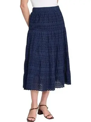 FINERY LONDON Broderie Anglaise Tiered Midi Skirt - Navy