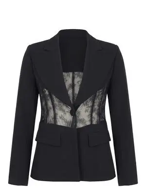 MODENAIRE Lace Paneled Deep V Neck Blazer - Black