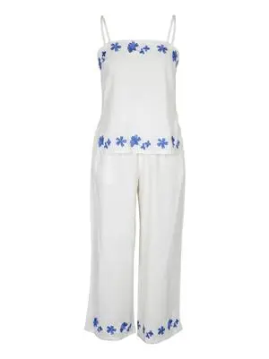 MODENAIRE Floral Embroidered Two-piece Set With Camisole And Wide-leg Pants - White