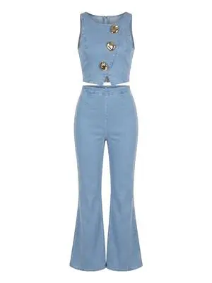 MODENAIRE Tailored Denim Vest And Wide Leg Trouser Set - Blue
