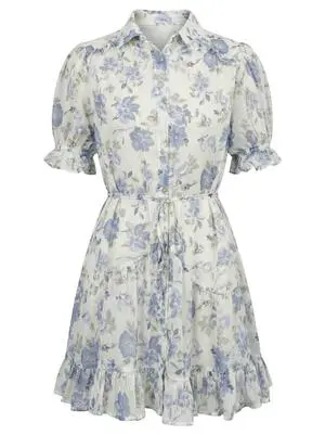 MODENAIRE Floral Print Shirt Dress With Tie Waist - Blue