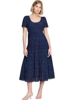 FINERY LONDON Jemma Cotton Broderie Tiered Midi Dress - Navy