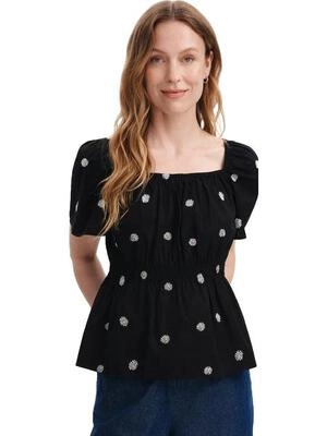 FINERY LONDON Holly Floral Embroidered Cotton Top - Black Daisy