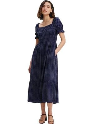 FINERY LONDON Petite Dawn Square Neck Midi Dress - Navy
