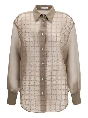 Brunello Cucinelli BRUNELLO CUCINELLI Sheer Checked Shirt With Sequins Beige