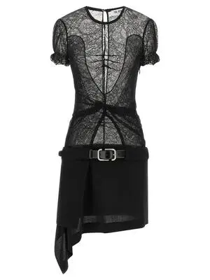 Attico Lace Mini Dress With Leather Belt - Black
