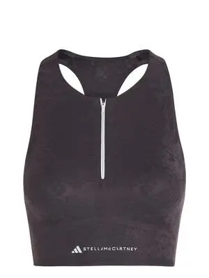 Stella McCartney X Adidas Floral Intarsia Cropped Zip-neck Top - Black