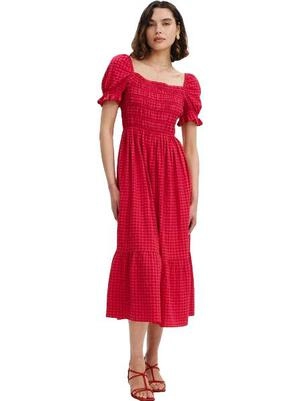 FINERY LONDON Dawn Short Sleeve Square Neck Midi Dress - Pink