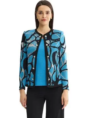Ming Wang Abstract Jacquard Suede Trim Knit Jacket - Tranquil Blue