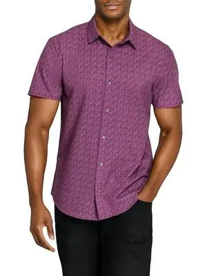 W.R.K Abstract Blur Performance Short Sleeve Button Up Shirt Maroon