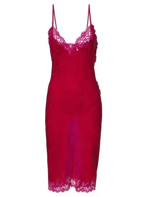 Saint Laurent Lace-trimmed Silk Jacquard Midi Dress - Red