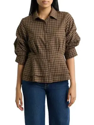 Wit & Wisdom Plaid Ruched Sleeve Peplum Shirt - Cold Brew Multi