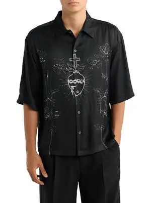 ALLSAINTS Fleur Graphic Short Sleeve Button-up Shirt - Black