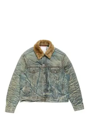 Acne Studios Distressed Denim Jacket With Detachable Fur Collar - Blue