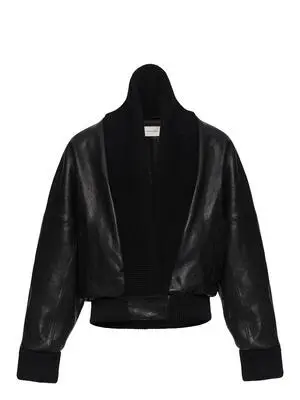 Magda Butrym Leather Bomber Jacket With Knit Shawl Collar - Black