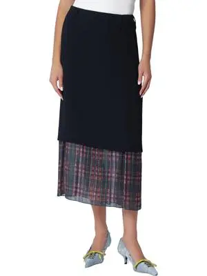 DRIES VAN NOTEN Navy Blue Midi Skirt With Check Insert