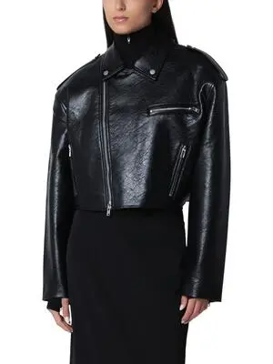 THE FRANKIE SHOP Cropped Faux Leather Biker Jacket - Black