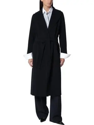 Max Mara Long Robe Coat In Virgin Wool Blue