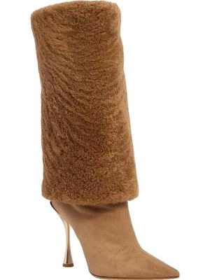 BETZÁBE Genuine Shearling Cuff Knee-high Stiletto Boots - Brandy Suede