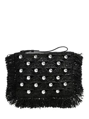 Rabanne Beaded Raffia Pouch Wristlet - Black/silver
