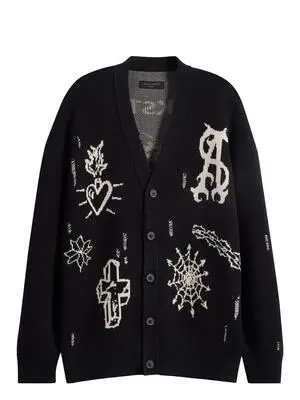 ALLSAINTS Staged Intarsia Organic Cotton Button Front Cardigan - Black/ecru White