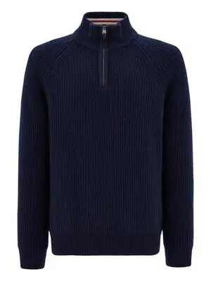 Canali Navy Cashmere English Rib Zippered Mock Neck Sweater - Blue
