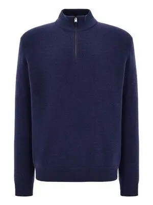 Canali Wool And Cashmere Mock Neck Sweater With Nubuck Inserts - Blue